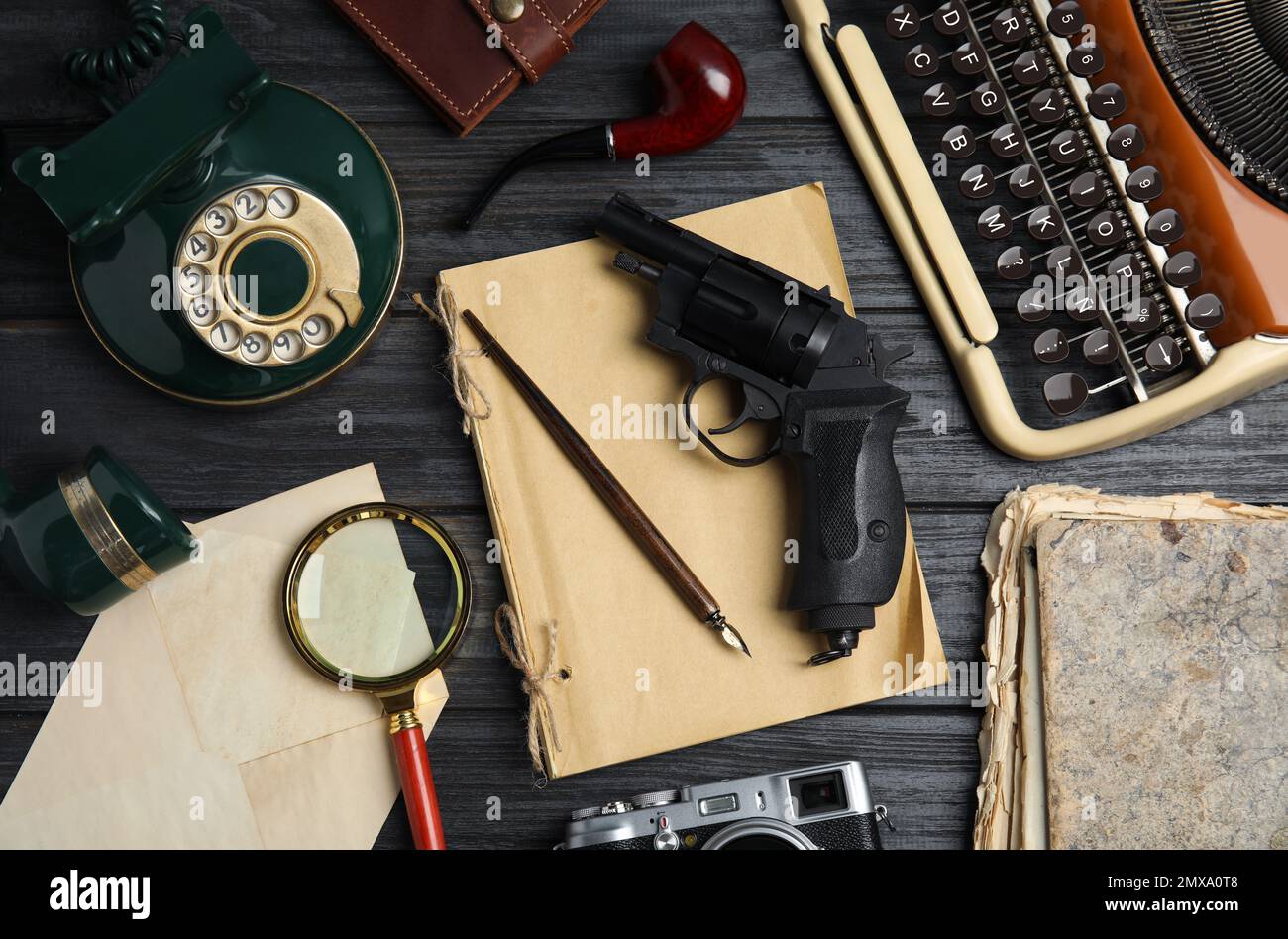 Flat lay composition with vintage detective items on grey wooden ...