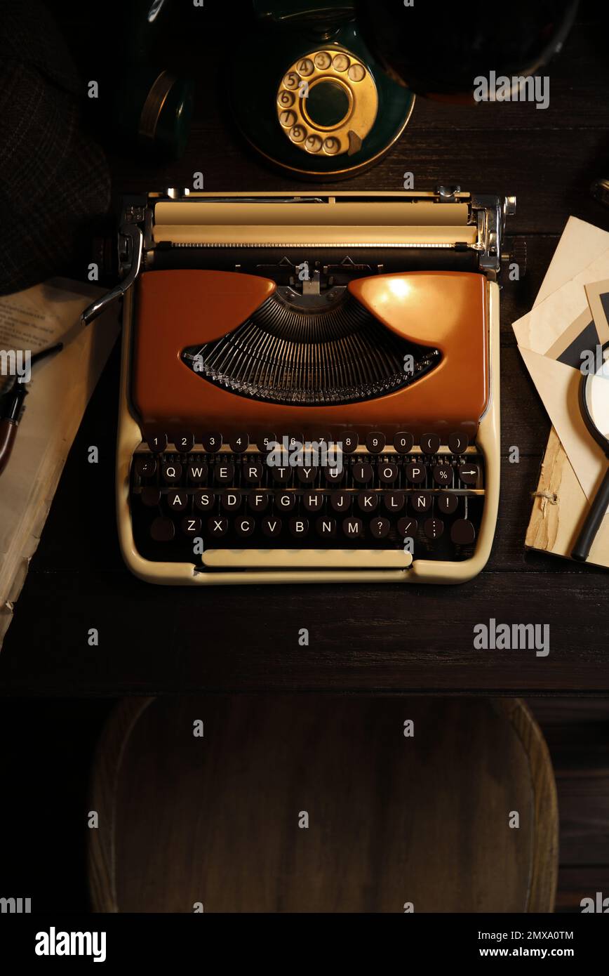 Flat lay composition with vintage detective items on dark wooden ...