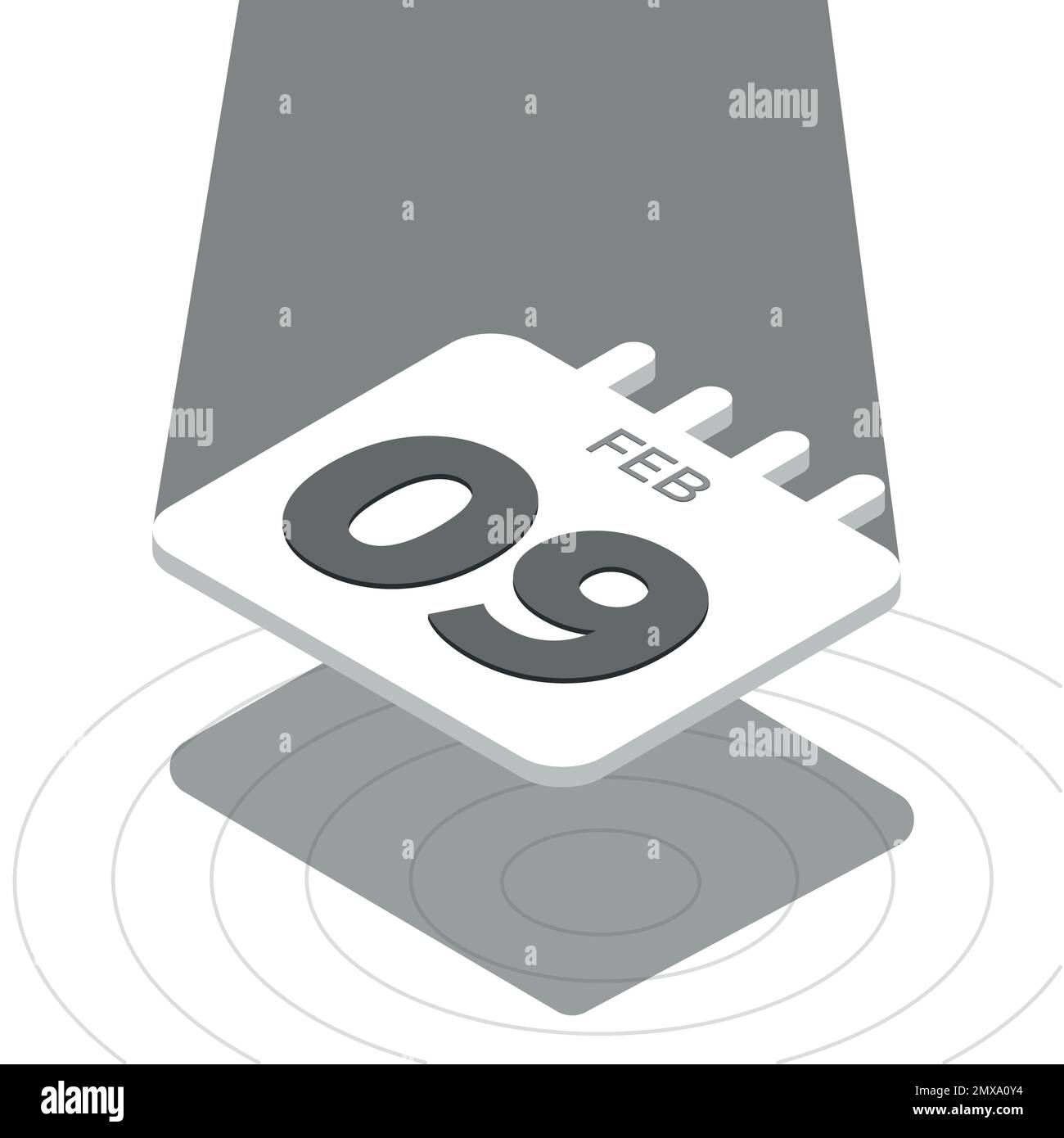 February 9 - Black and white 3D calendar floating with spotlight on ...
