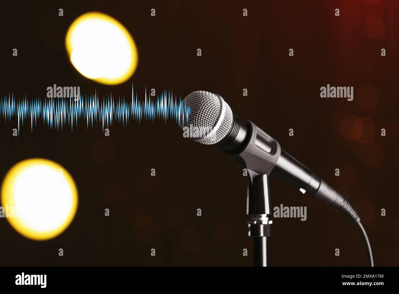Microphone and radio wave on dark background, bokeh effect Stock Photo ...