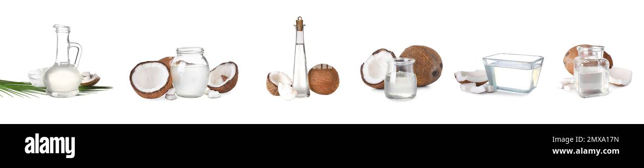Set of coconuts and organic cooking oil on white background. Banner ...