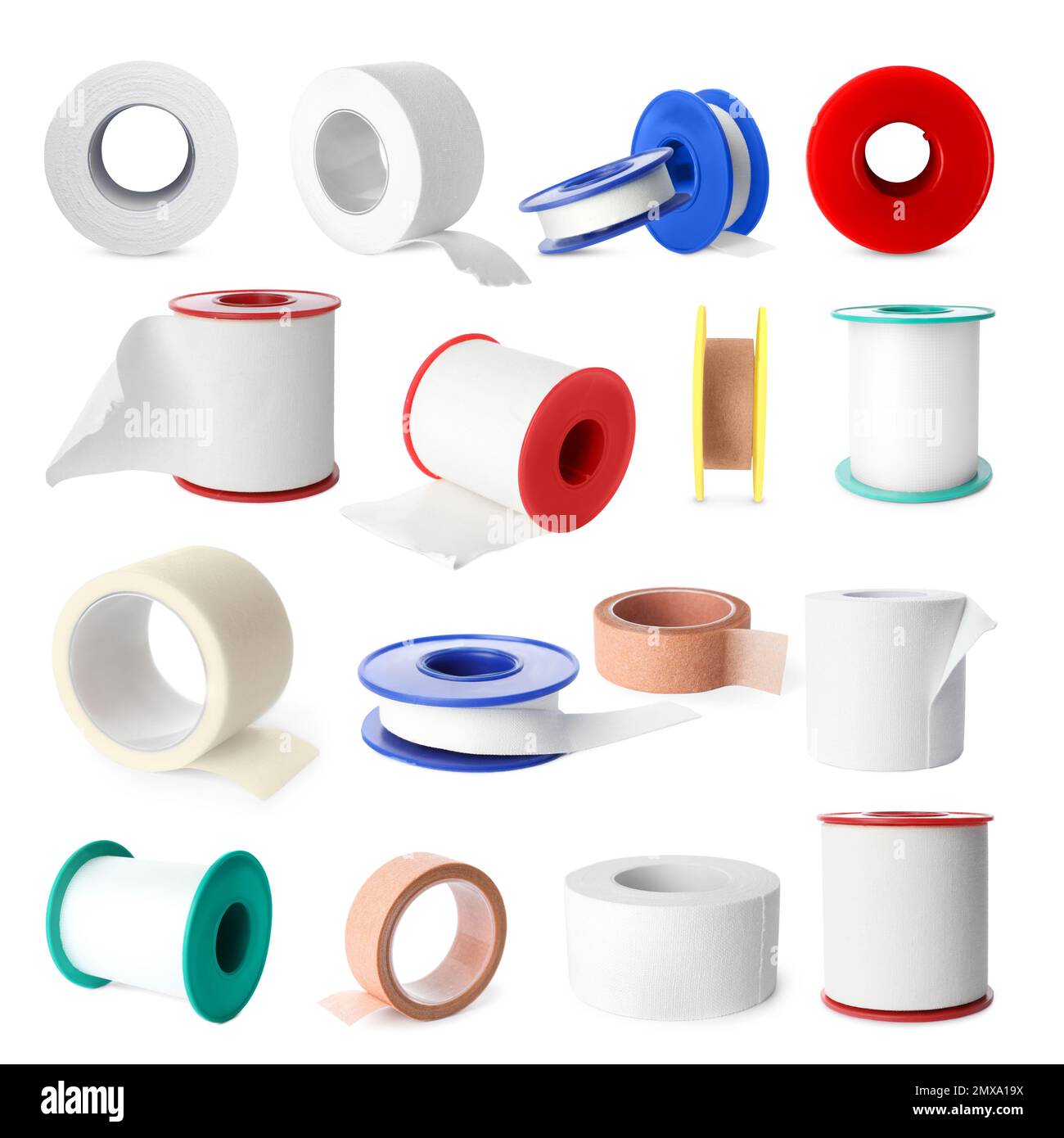 Set with medical sticking plaster rolls on white background Stock Photo ...