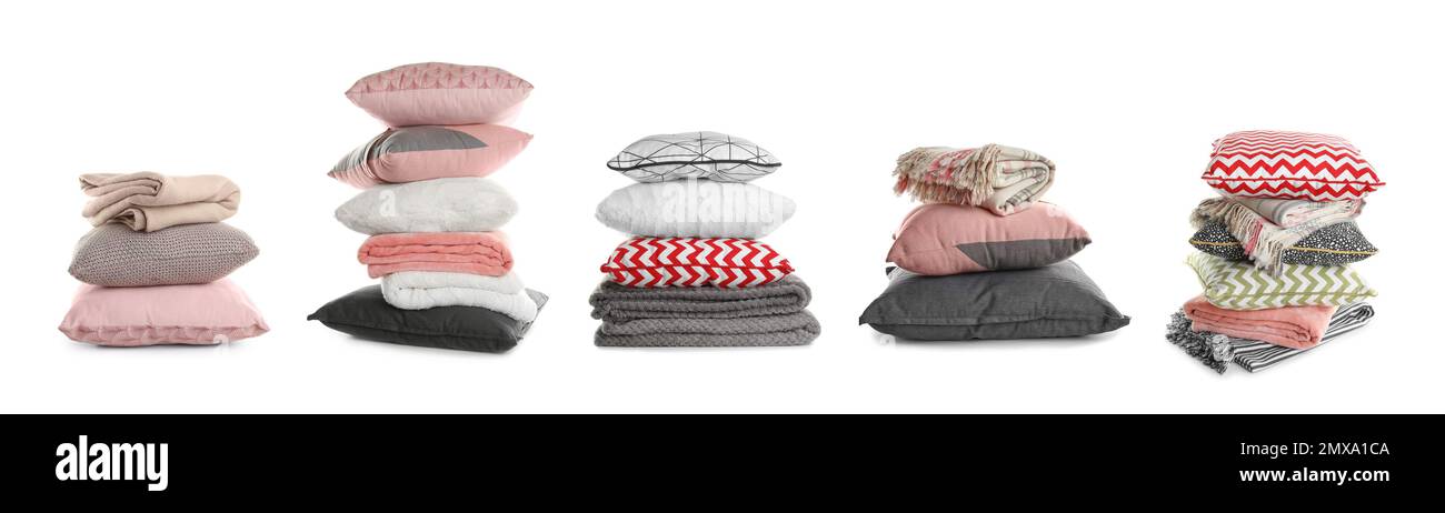 Set of different stacked pillows on white background. Banner design ...
