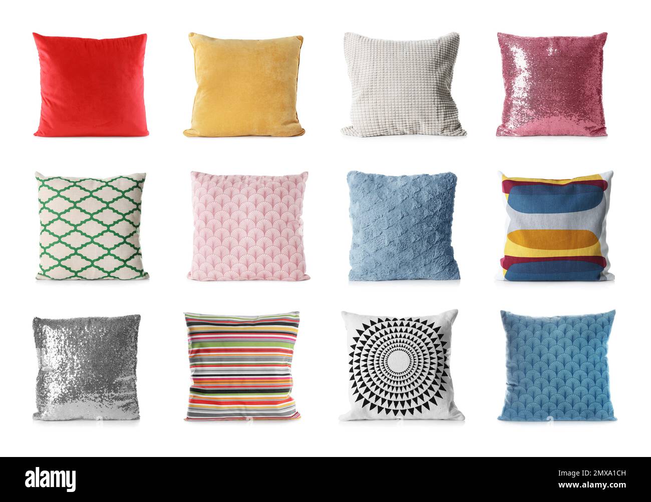 Set of different pillows on white background Stock Photo - Alamy