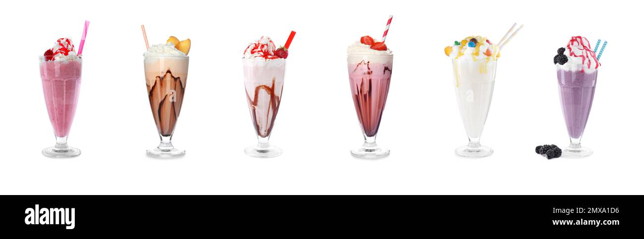 Set of glasses with different protein shakes on white background ...