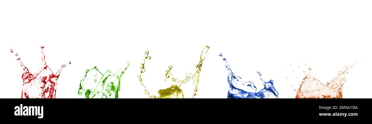 Set with splashes of different juices on white background. Banner ...