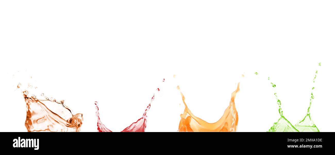 Set with splashes of different juices on white background. Banner ...