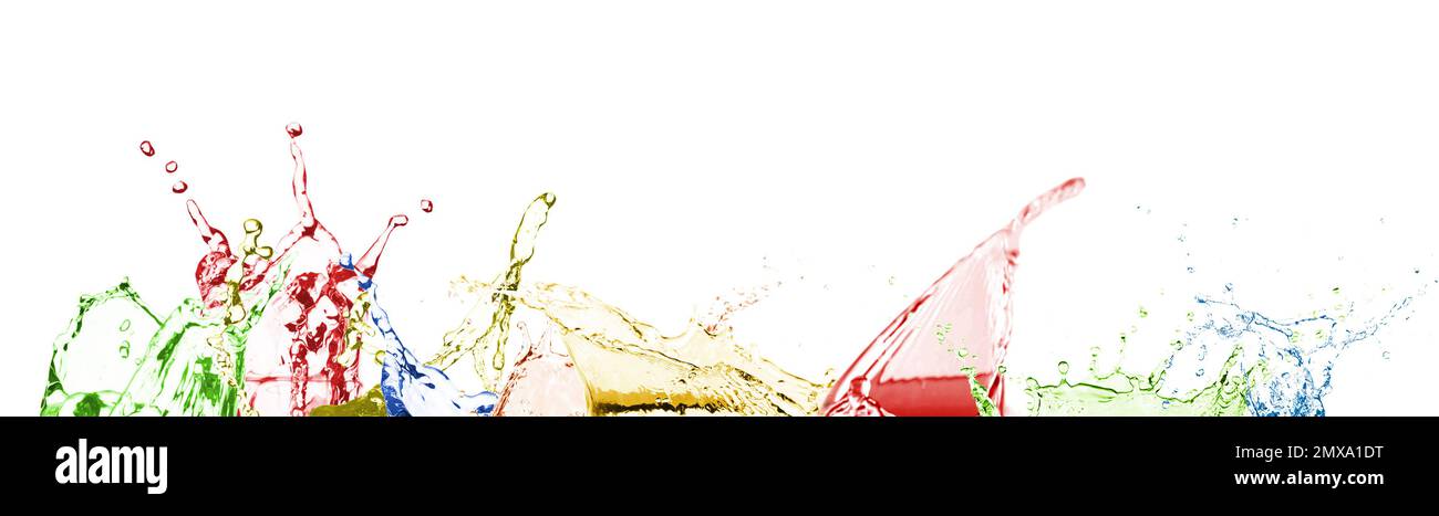 Set with splashes of different juices on white background. Banner ...