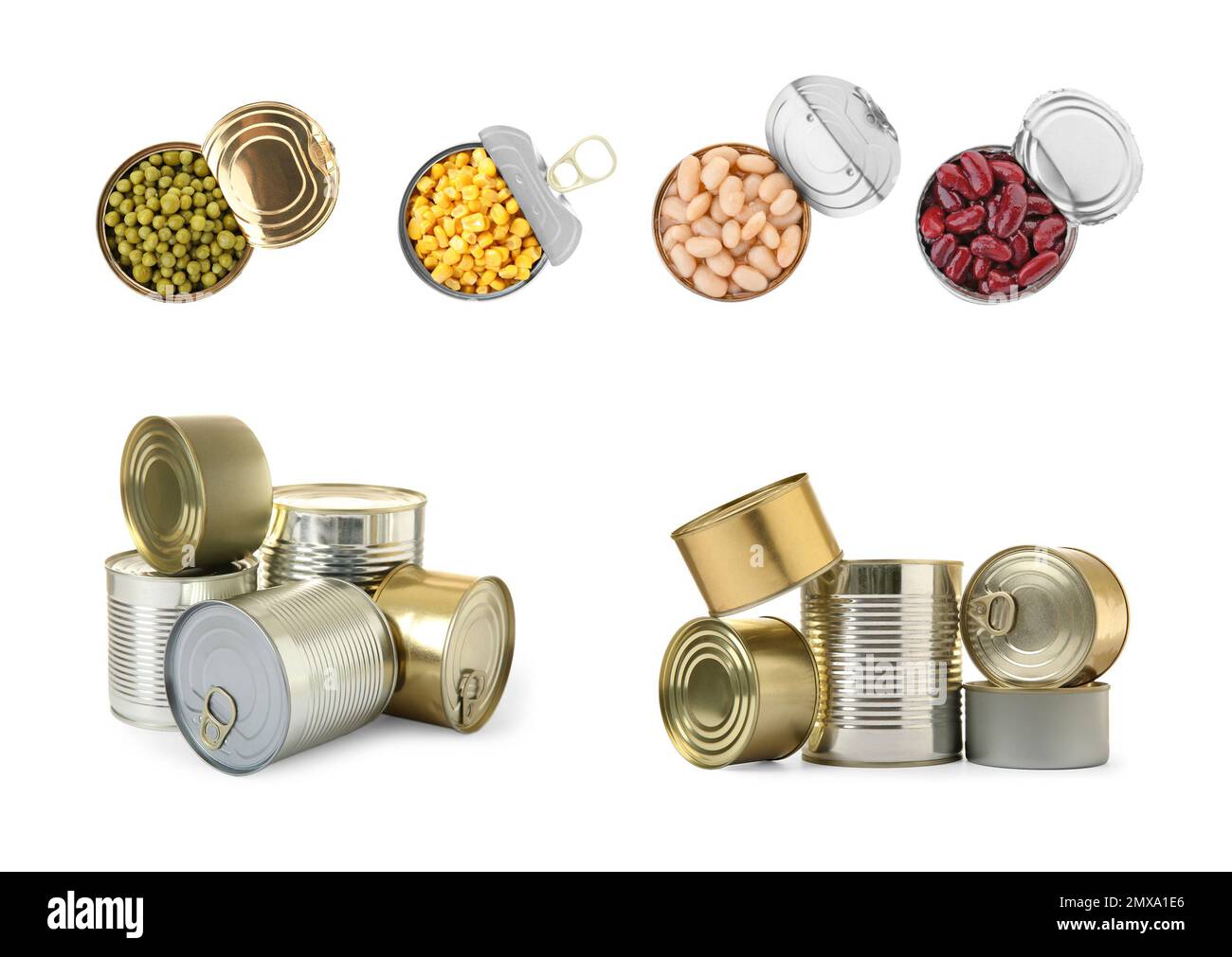 Set of different canned food on white background Stock Photo - Alamy