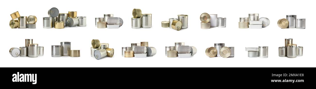 Set with closed tin cans on white background. Banner design Stock Photo ...