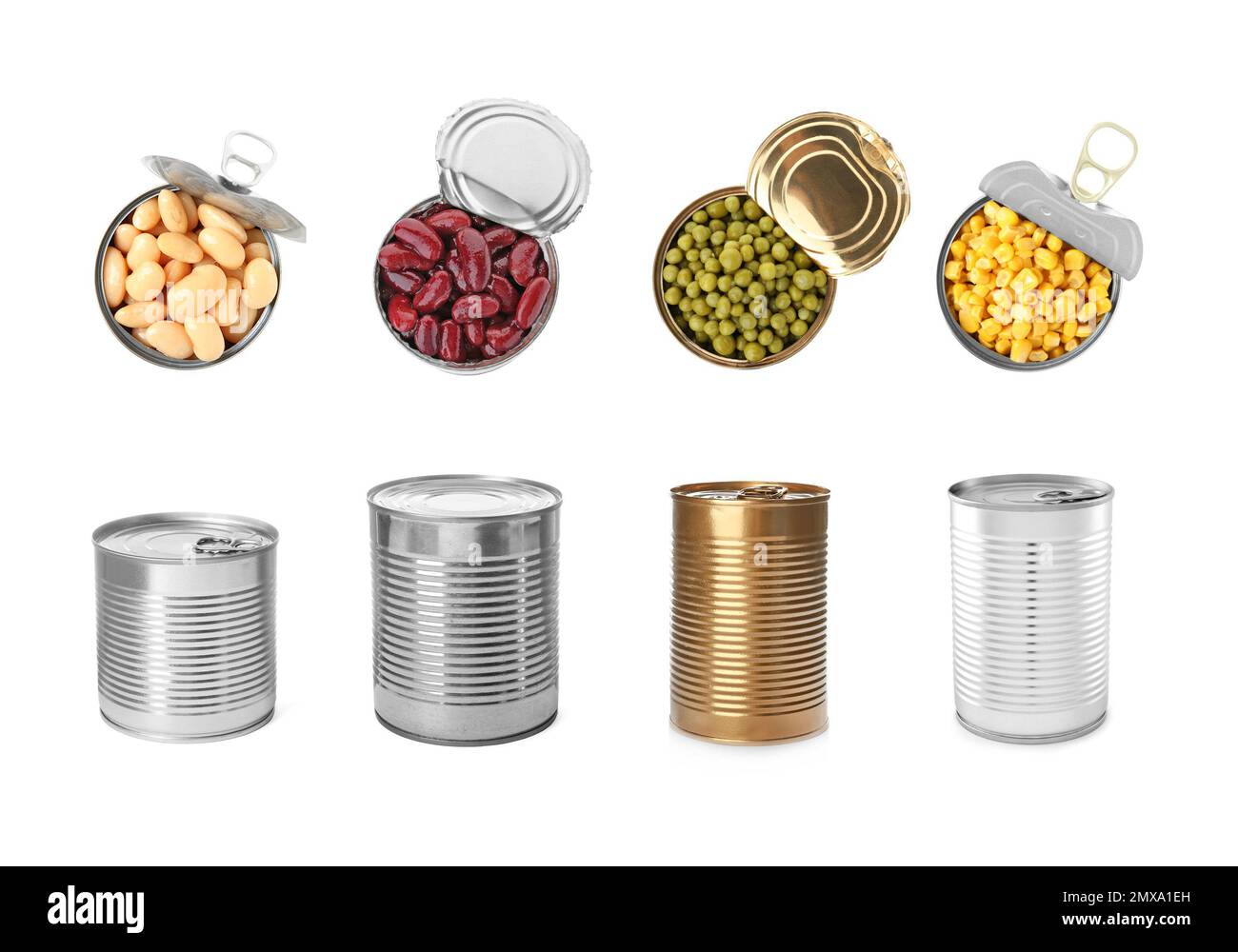 Set of different canned food on white background Stock Photo - Alamy