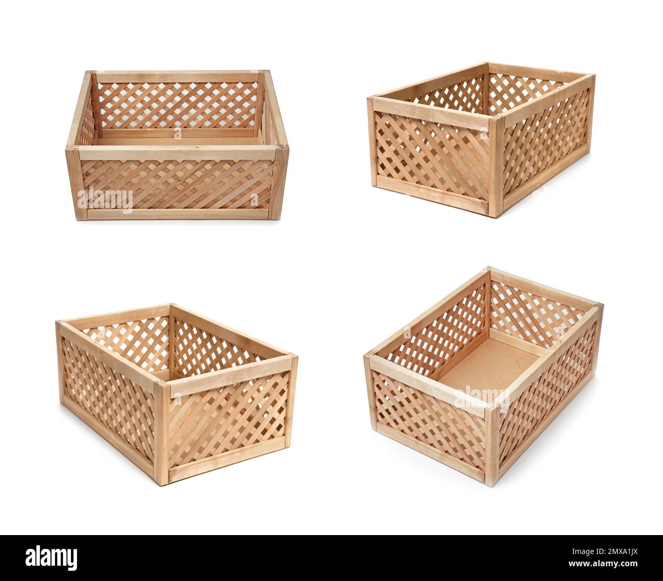 Set of wooden crates on white background Stock Photo - Alamy