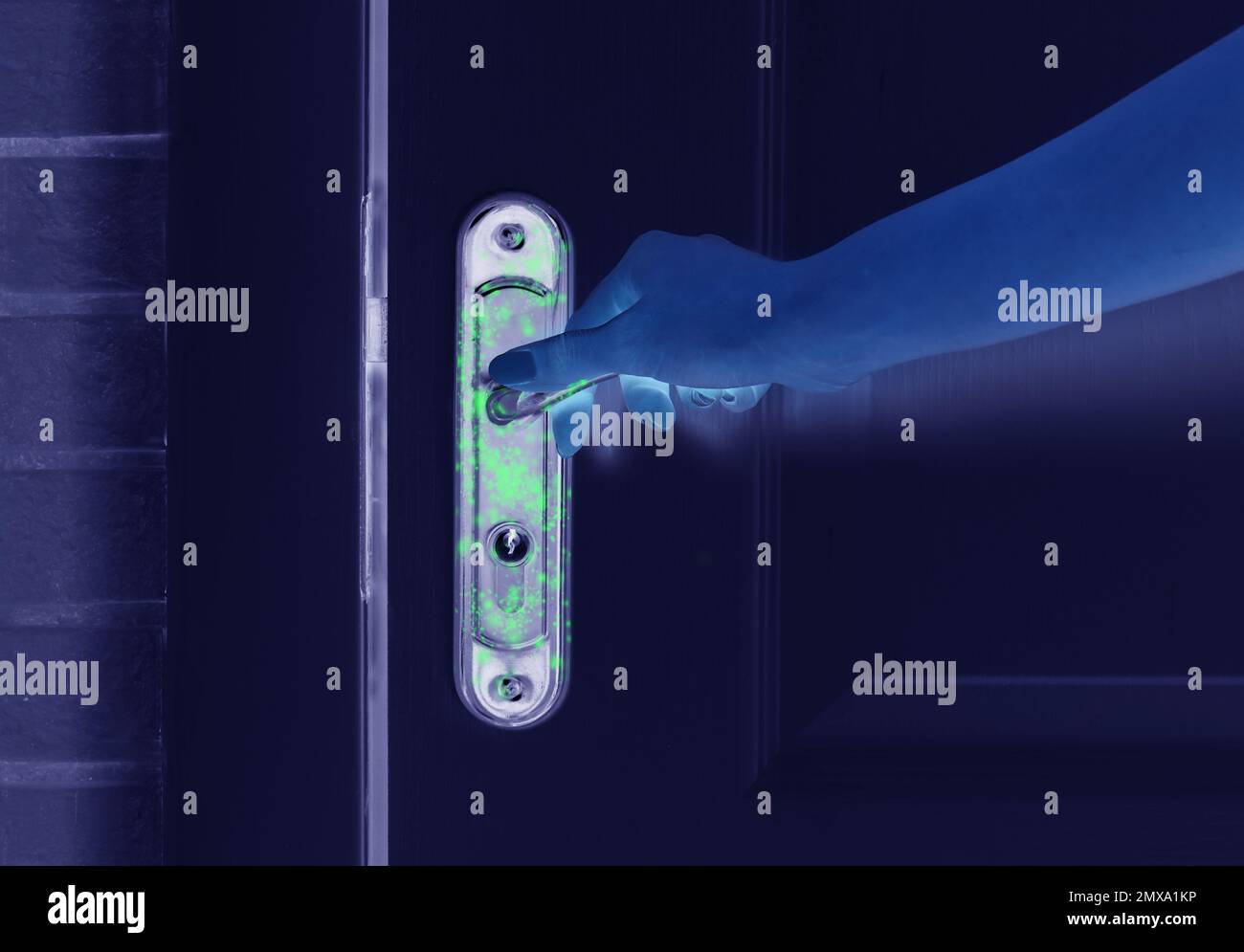 Man opening door, closeup view under UV light. Avoid touching surfaces ...
