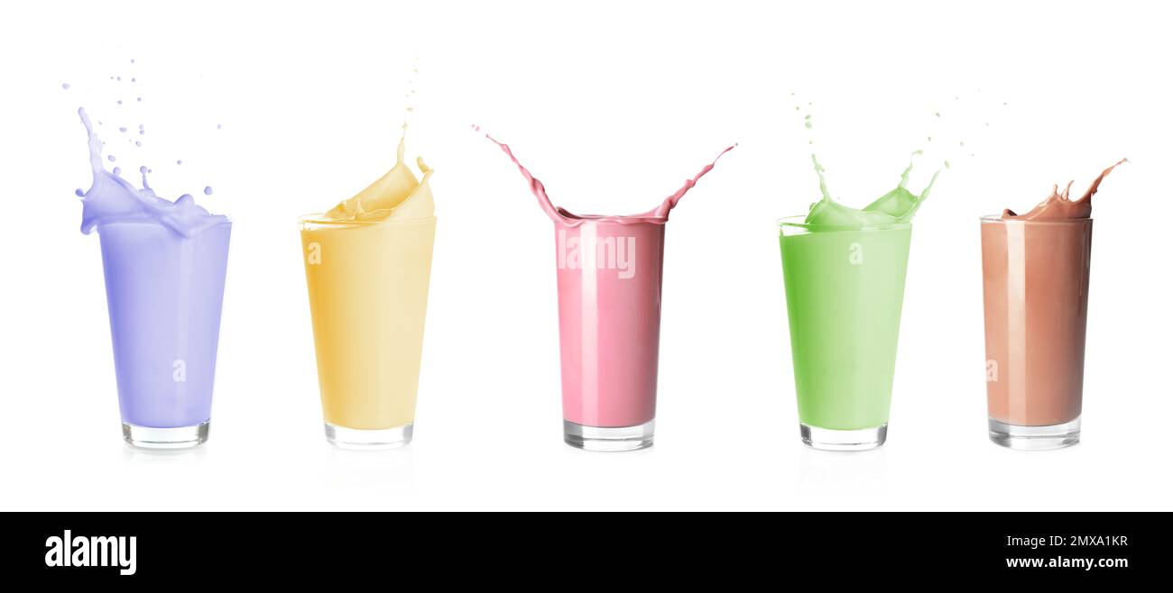 Set with delicious protein shakes on white background. Banner design ...
