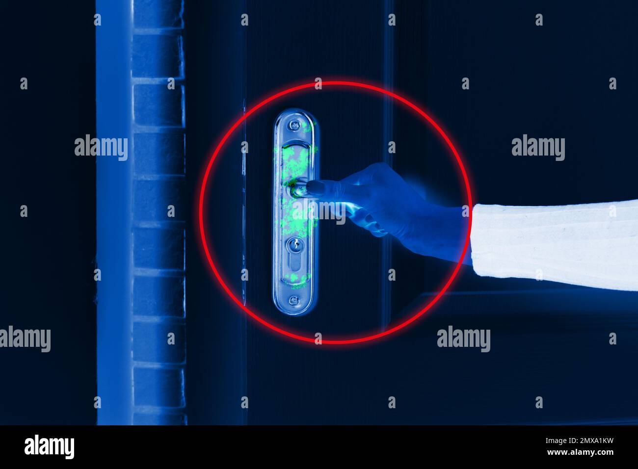 Woman opening door, closeup view under UV light. Avoid touching ...