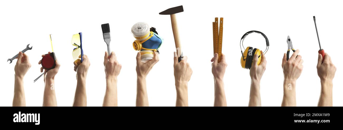Collage of men holding construction tools on white background. Banner ...