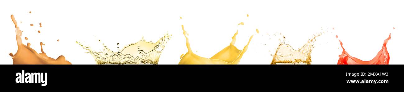 Set with splashes of different juices on white background. Banner ...