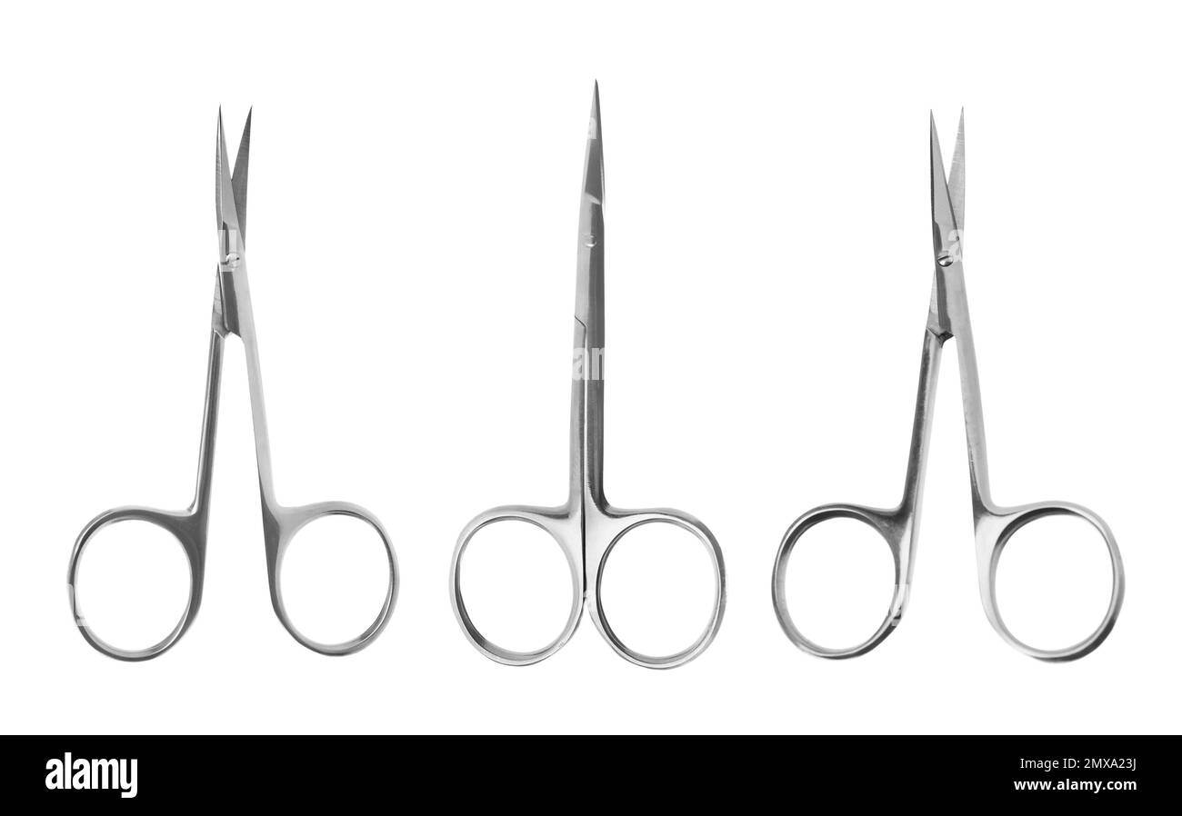Set of manicure scissors on white background, top view Stock Photo - Alamy