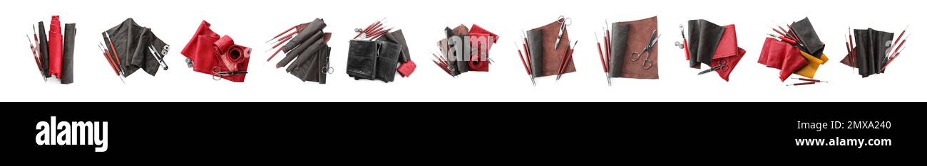 Set with leather samples and craftsman tools on white background, top ...