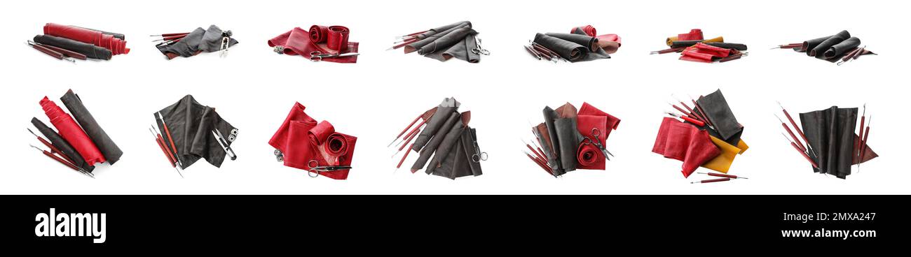 Set with leather samples and craftsman tools on white background ...