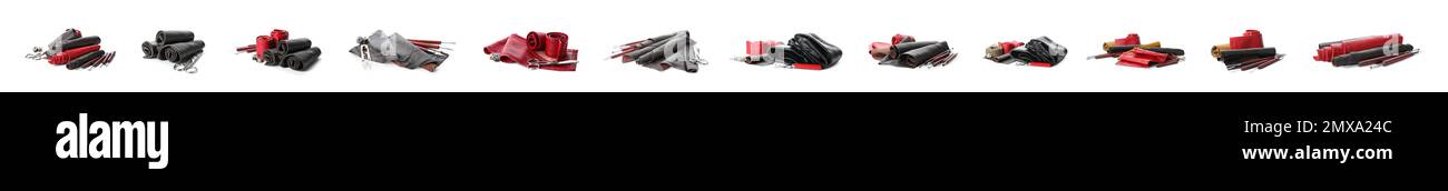 Set with leather samples and craftsman tools on white background ...