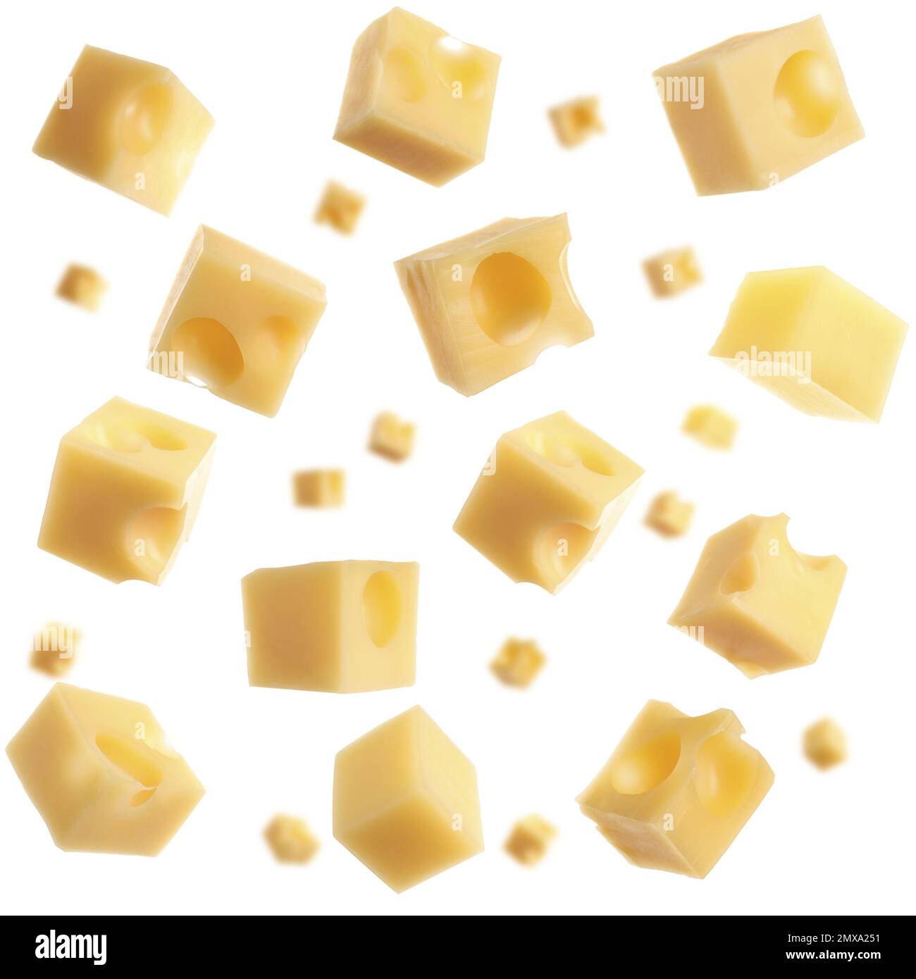 Collage with cubes of cheese falling on white background Stock Photo ...