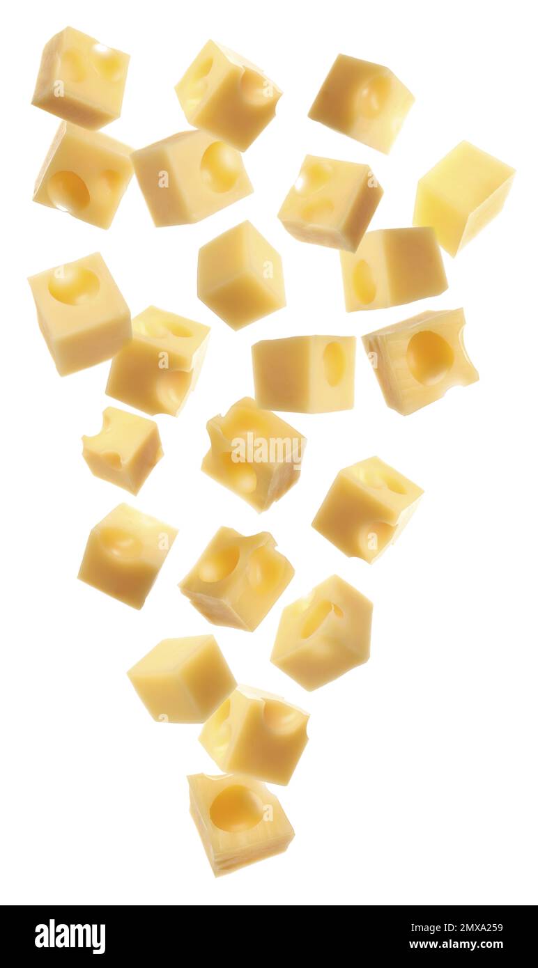 Collage with cubes of cheese falling on white background Stock Photo ...