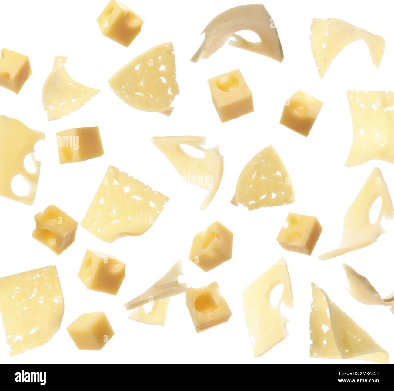 Collage with pieces of cheese falling on white background Stock Photo ...