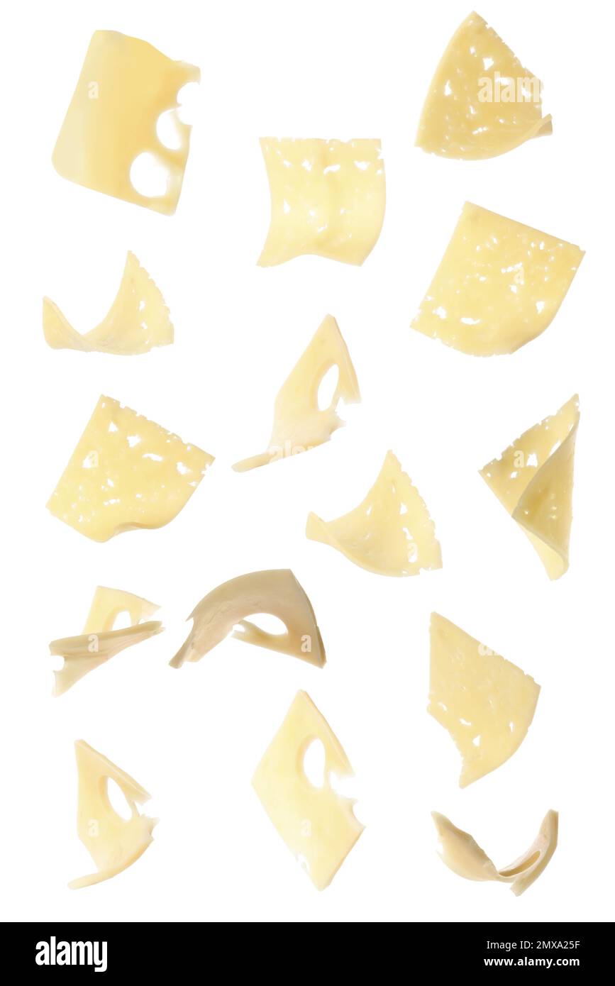 Collage with slices of cheese falling on white background Stock Photo ...