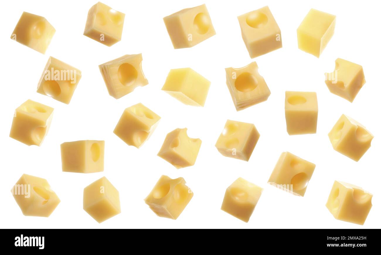 Collage with cubes of cheese falling on white background Stock Photo ...