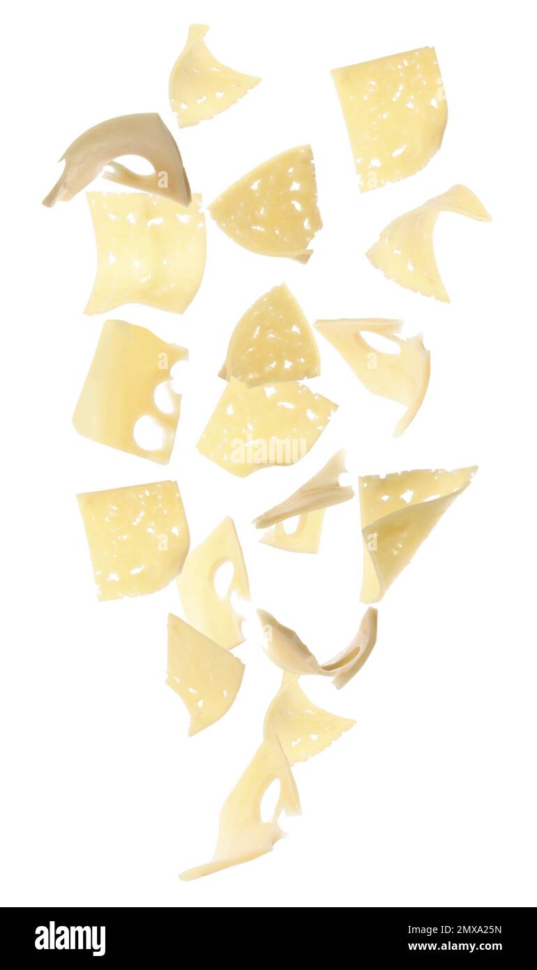 Collage with slices of cheese falling on white background Stock Photo ...