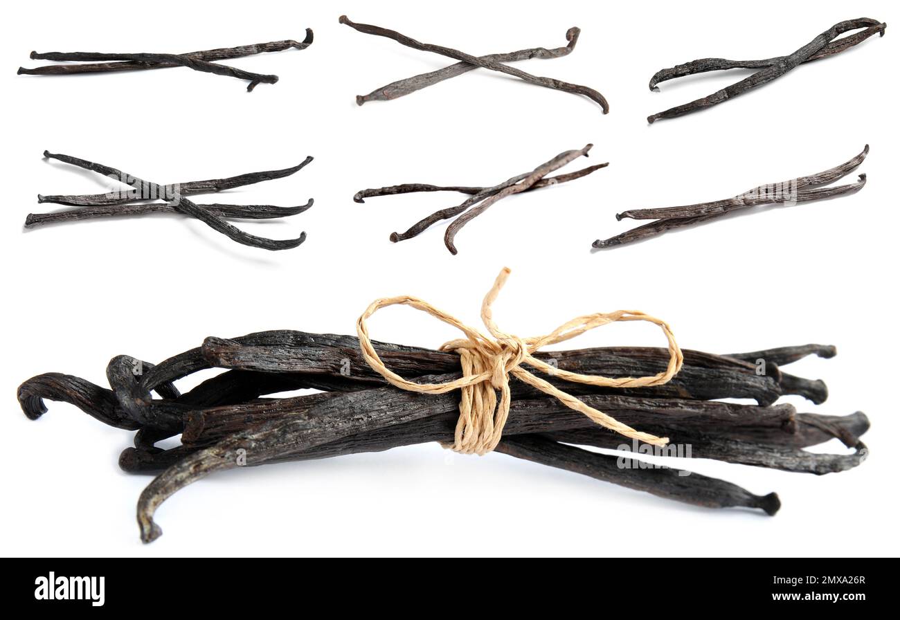 Set with dried vanilla pods on white background Stock Photo - Alamy