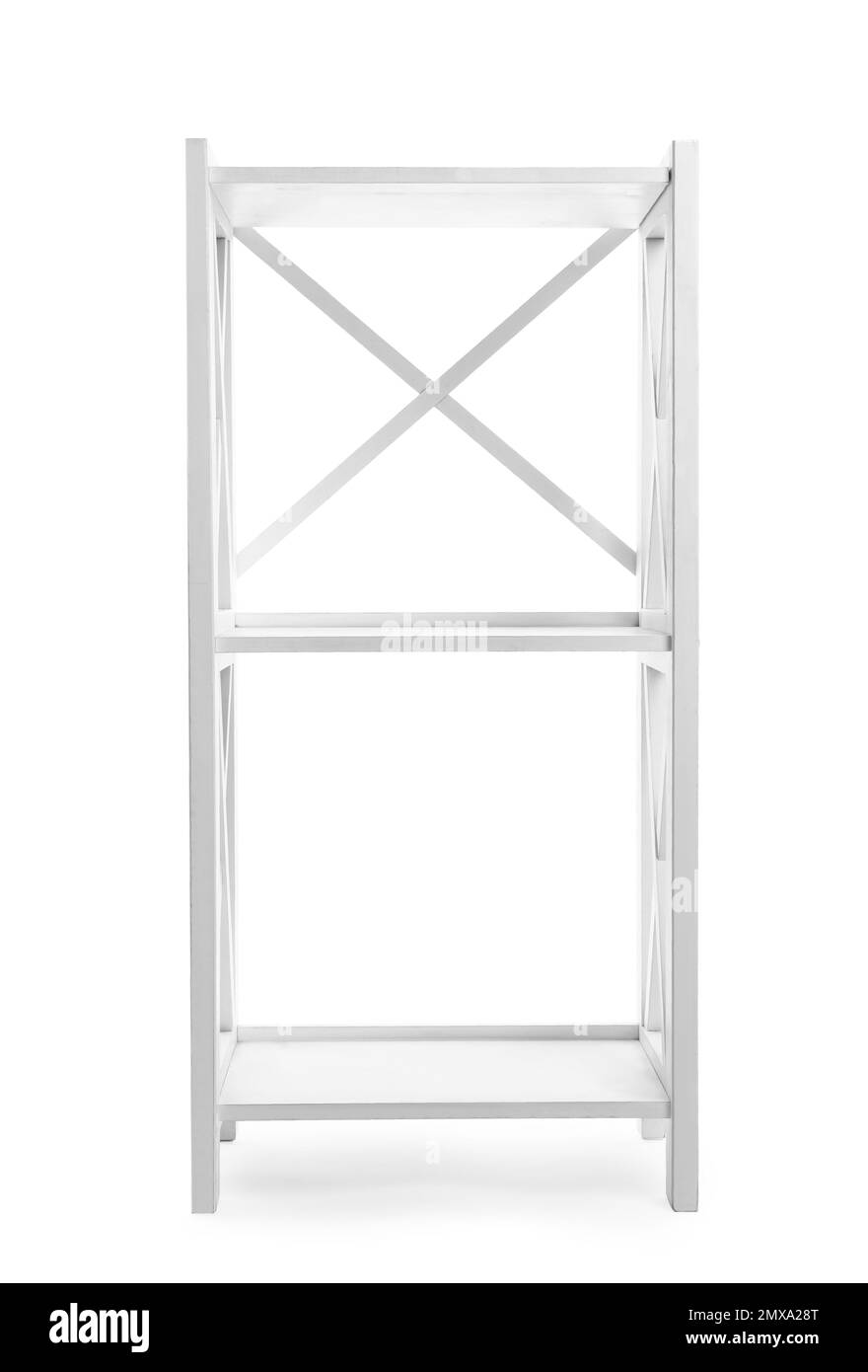 Empty wooden shelving unit isolated on white Stock Photo - Alamy