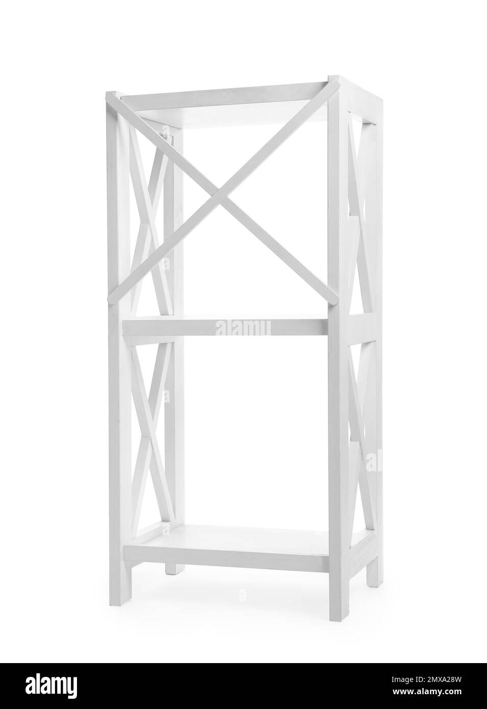 Empty wooden shelving unit isolated on white Stock Photo - Alamy