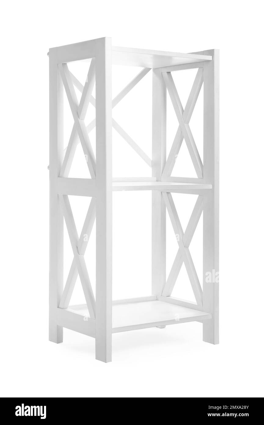 Empty wooden shelving unit isolated on white Stock Photo - Alamy