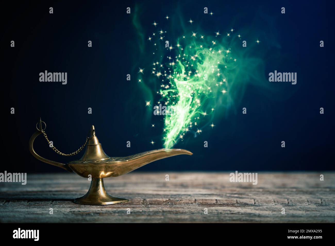 Genie appearing from magic lamp of wishes. Fairy tale Stock Photo - Alamy