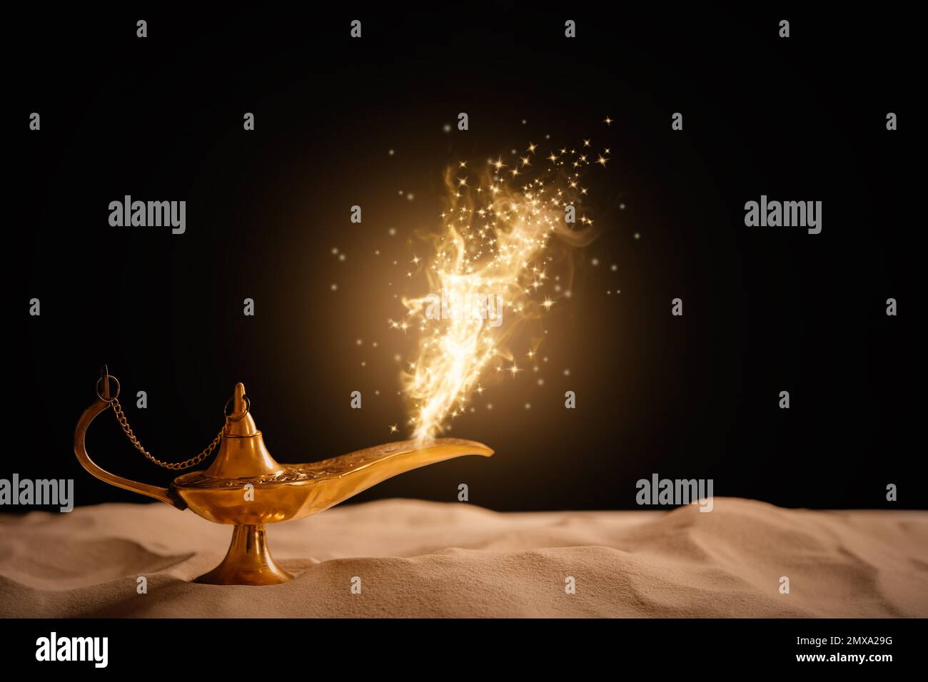 Genie appearing from magic lamp of wishes. Fairy tale Stock Photo - Alamy