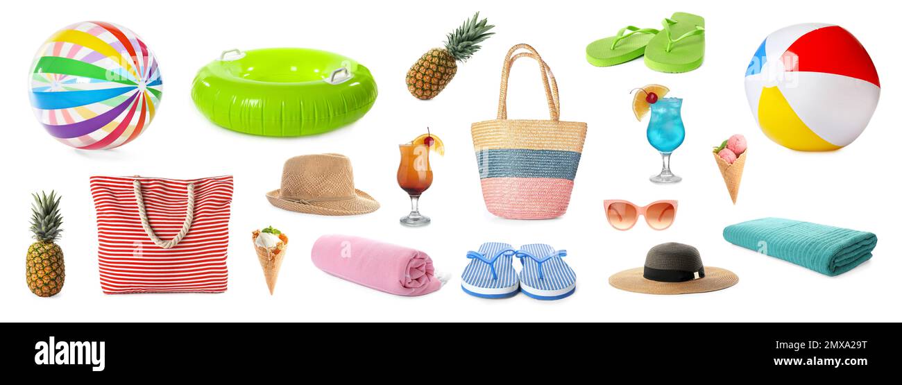 Set of items needed in summer vacation on white background. Banner ...