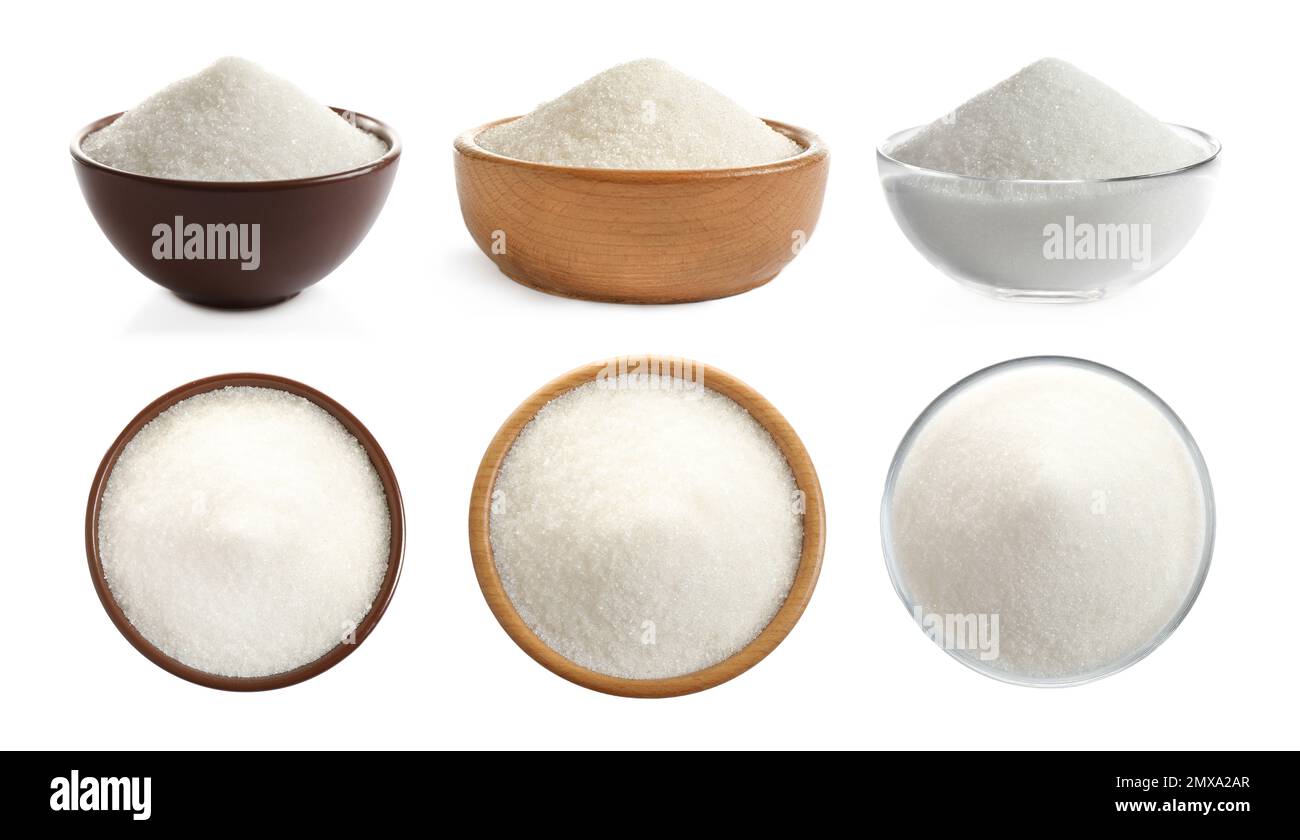 Set with granulated sugar on white background Stock Photo - Alamy