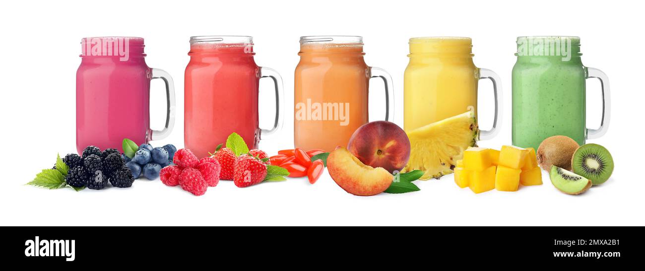 Different delicious smoothies in mason jars on white background. Banner ...