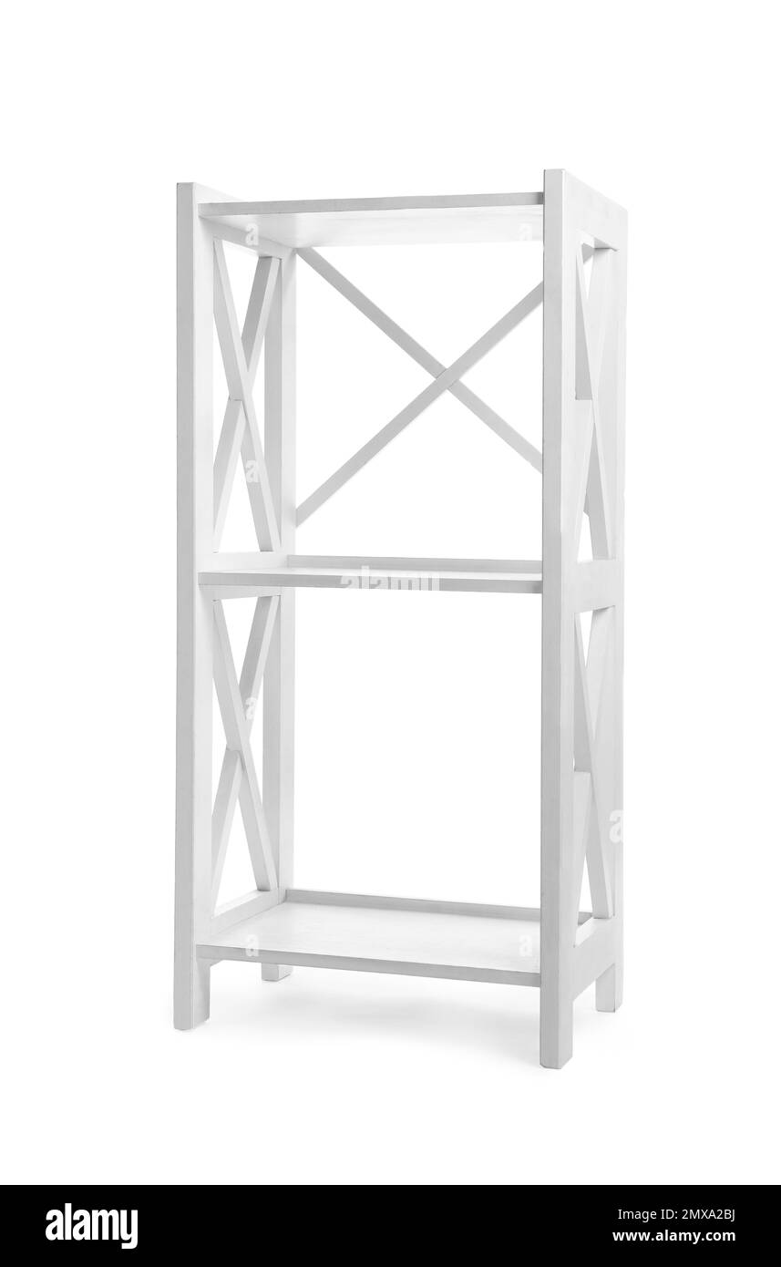 Empty wooden shelving unit isolated on white Stock Photo - Alamy