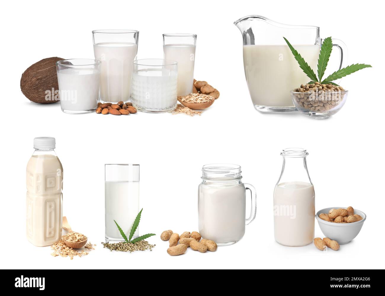 Set with different types of organic milk on white background. Natural ...