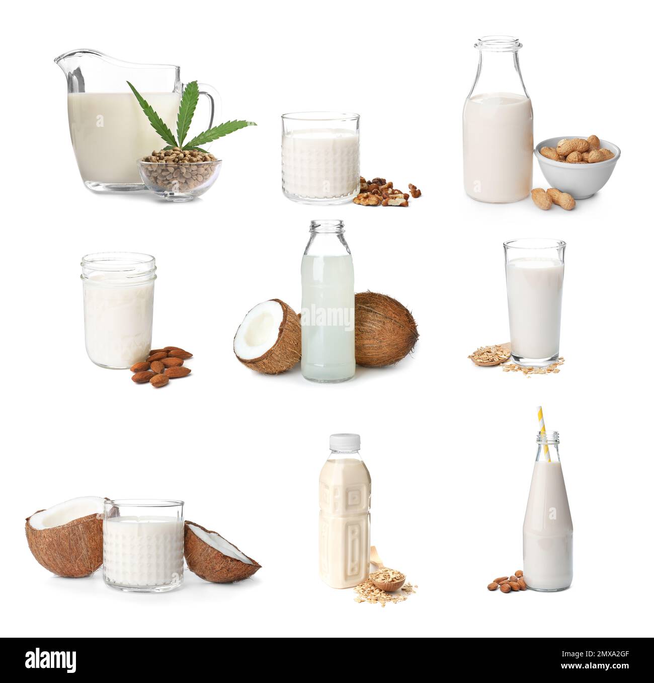 Set with different types of organic milk on white background. Natural ...