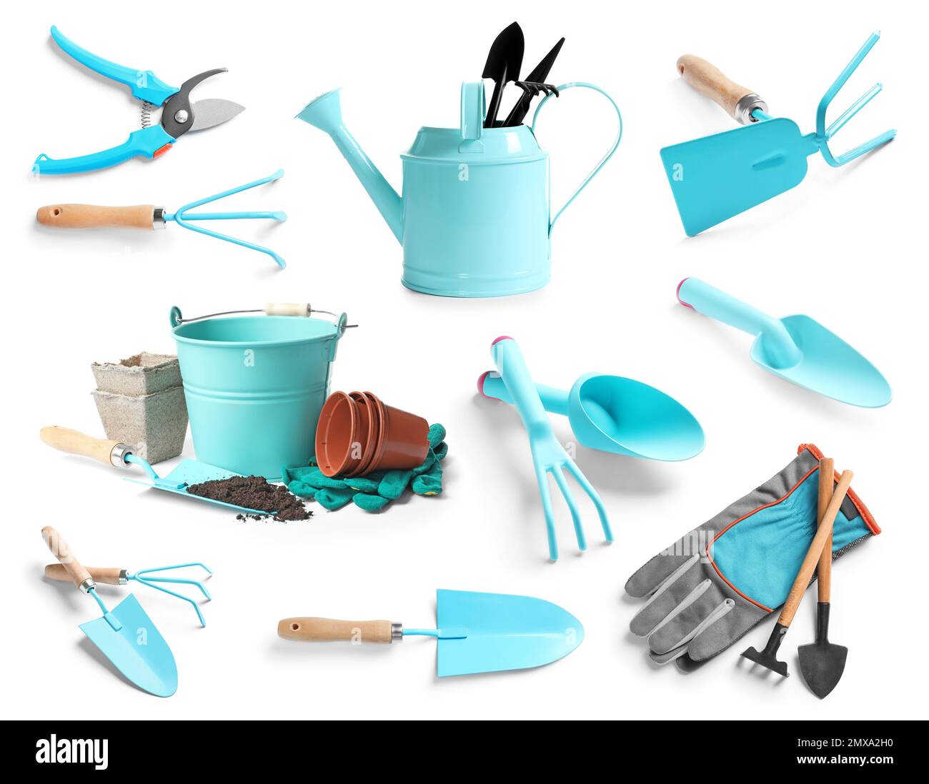 Set of different gardening tools on white background Stock Photo - Alamy