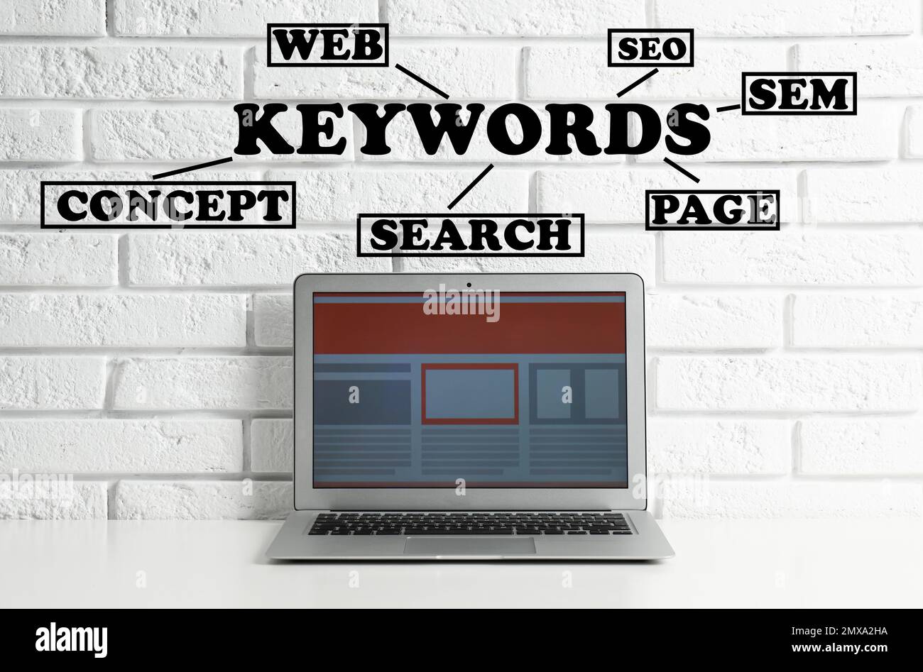 Modern laptop and scheme of keywords research against white brick wall ...