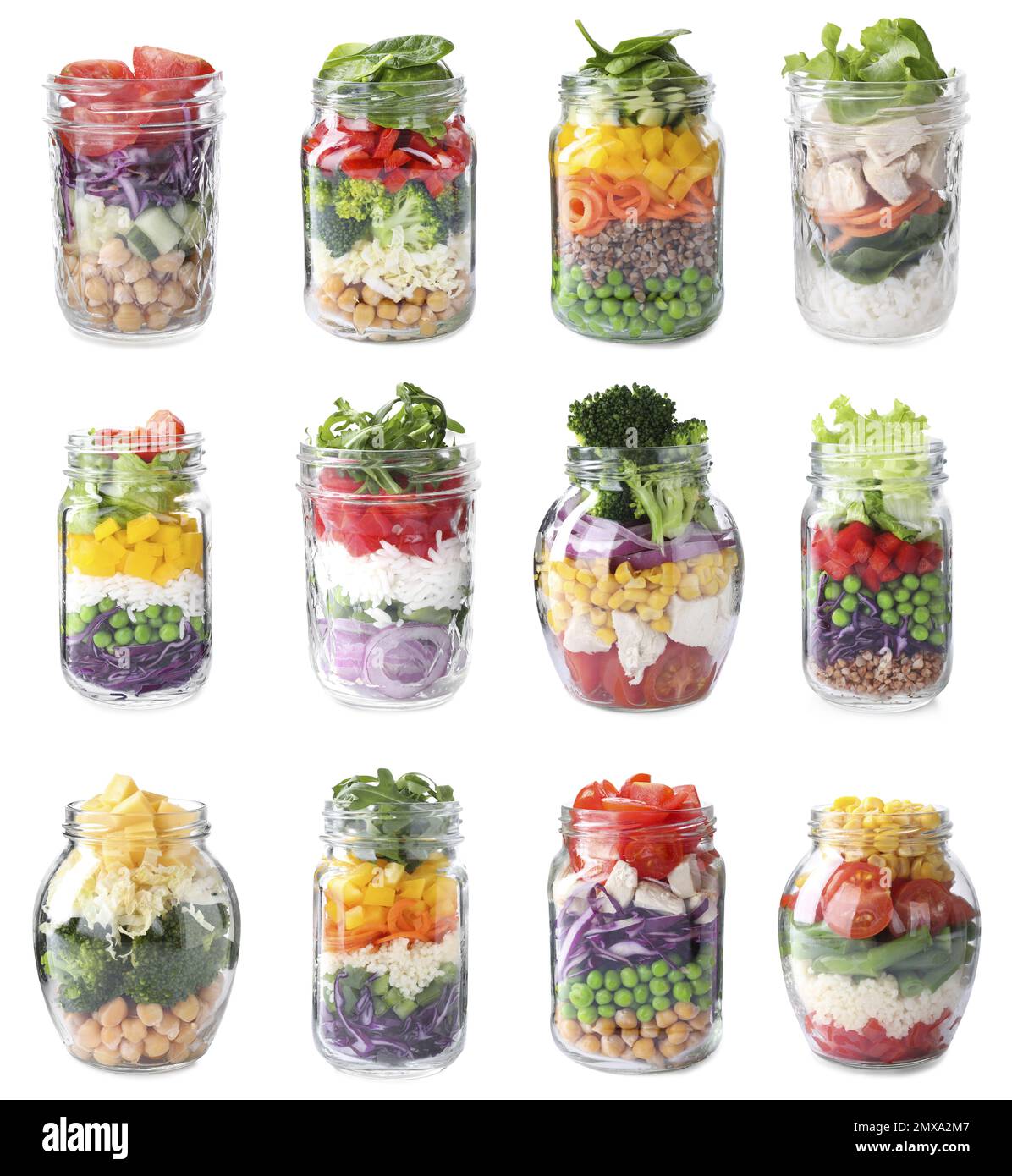 Set of different jars with healthy salads on white background Stock ...