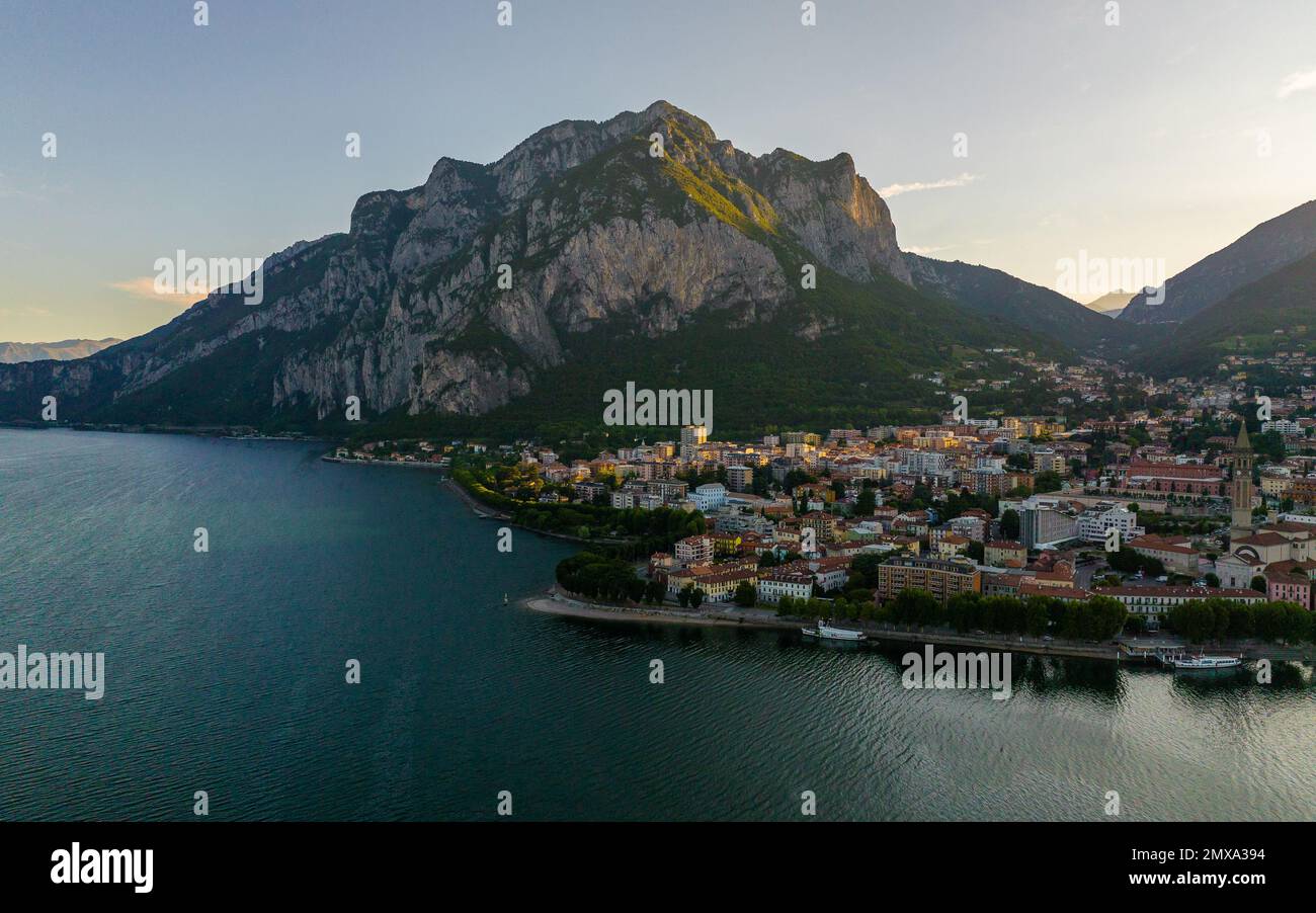 Aerial view of Lecco city in the southeastern shore of Lake Como, in ...