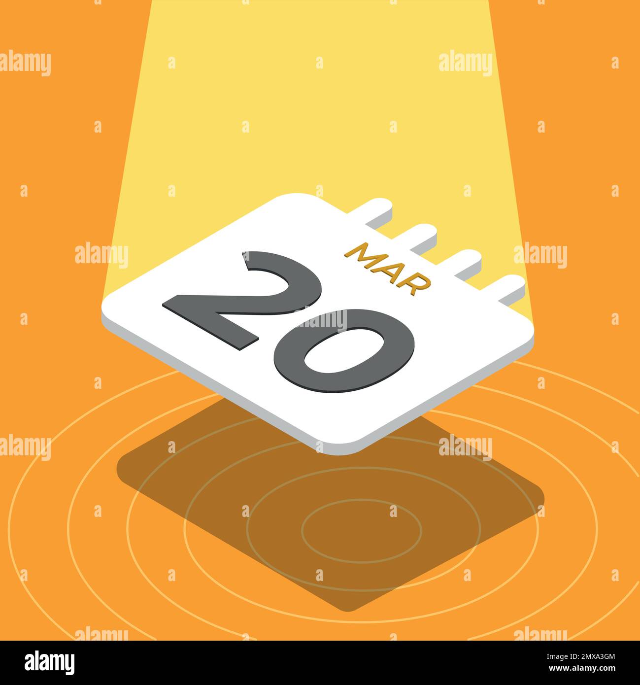 March 20 - 3D calendar floating with spotlight on yellow background ...