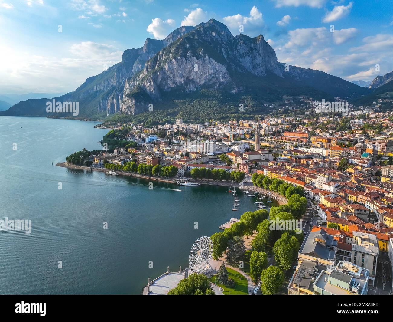 Aerial view of Lecco city in the southeastern shore of Lake Como, in ...