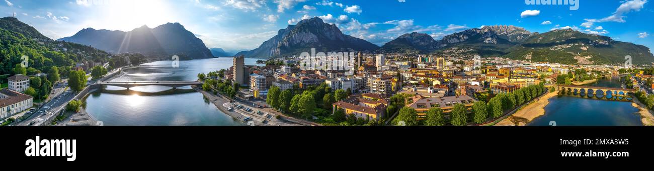 Aerial view of Lecco city in the southeastern shore of Lake Como, in ...